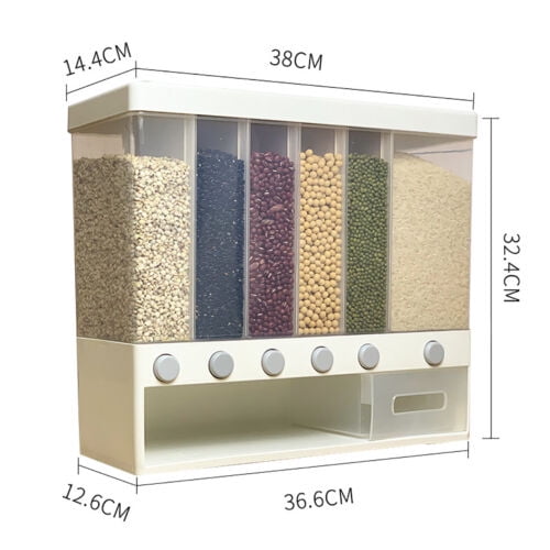 Cereal Dispenser 6 Grids 10kg Wall Mounted Rice Grain Dry Food Storage ...