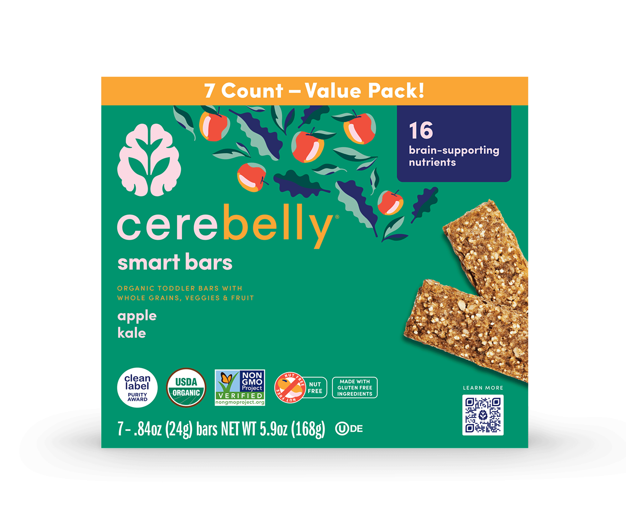 Cerebelly Organic Apple Kale Smart Snack Bar for Toddlers, 7 Count ...