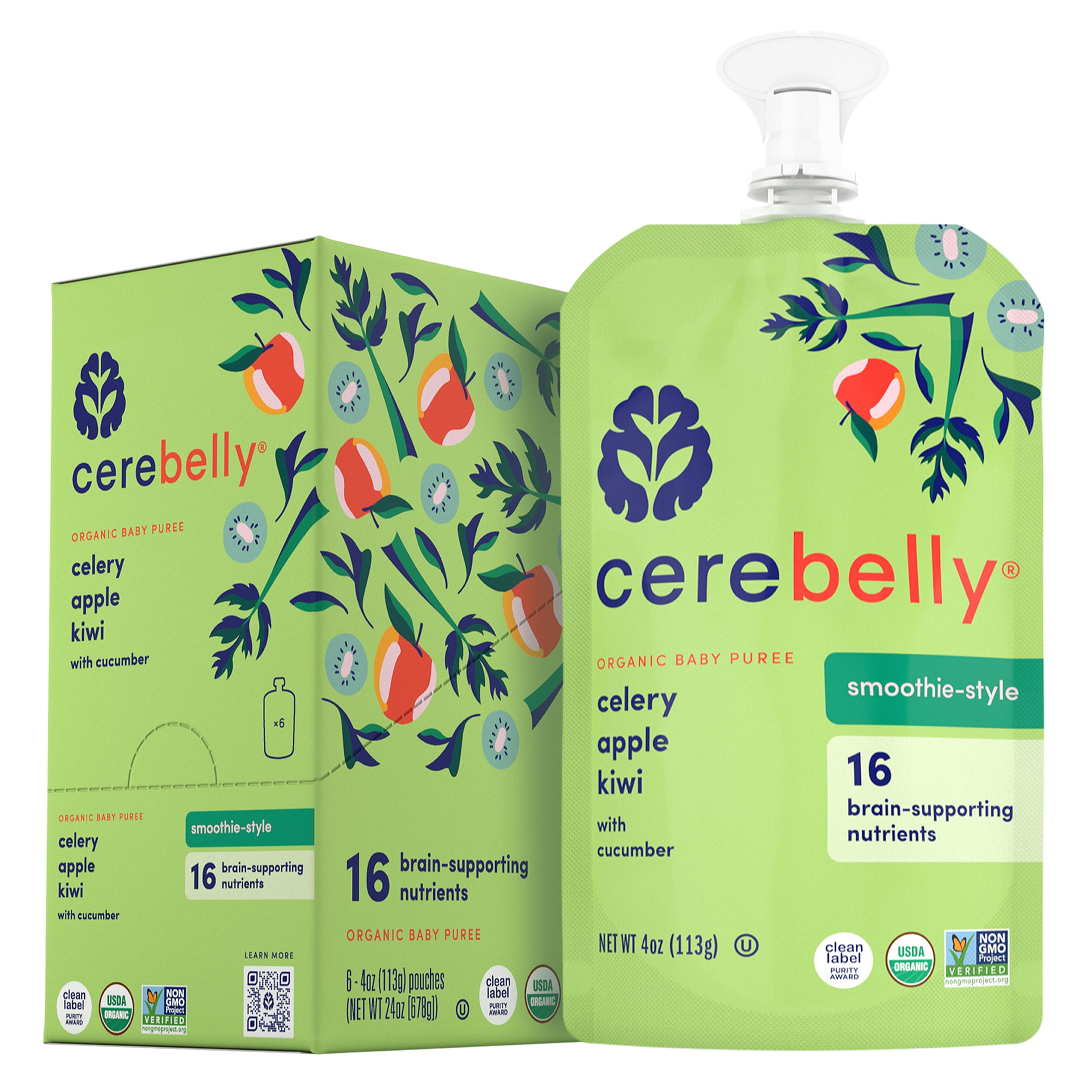 Cerebelly Organic Stage 2 Baby Food, Celery Apple Kiwi, 4 oz Puree (6 Pack) - Walmart.com