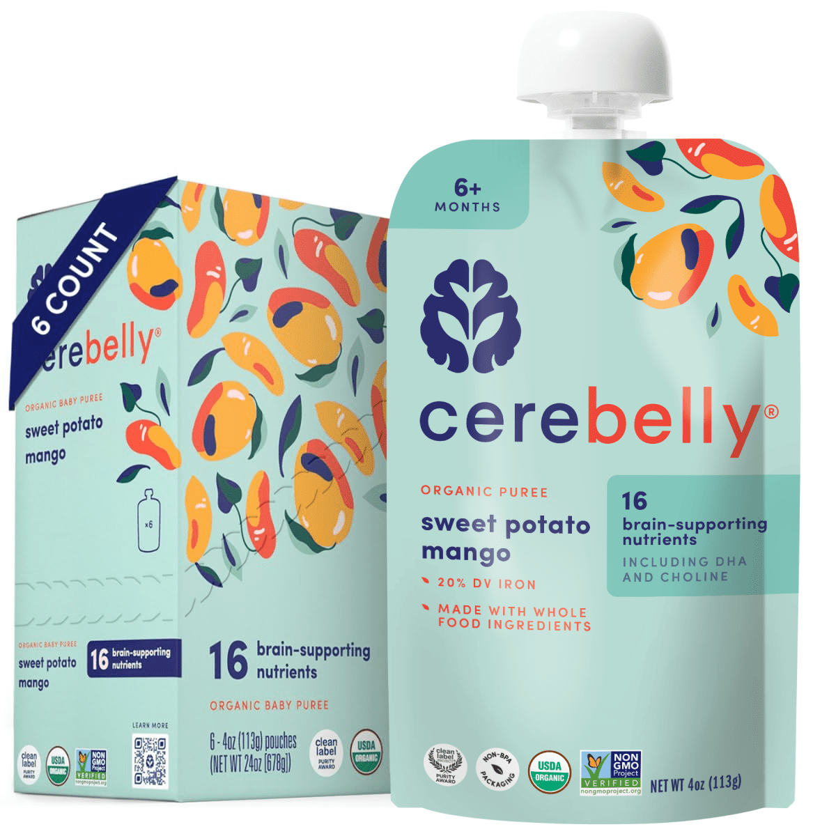 Cerebelly Organic Non-GMO Stage 2 Baby Food, Sweet Potato Mango, 4oz ...