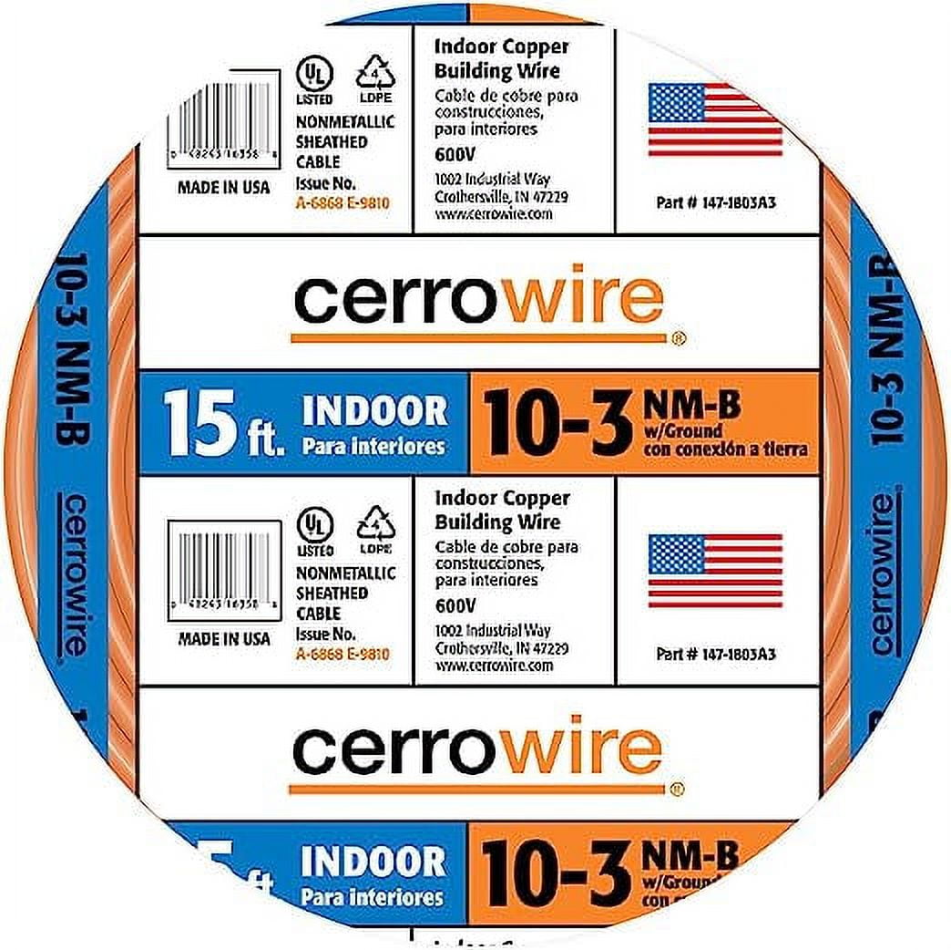 Cerrowire Electrical 15-Feet 10/3 NM-B Solid with Ground Wire, Orange ...