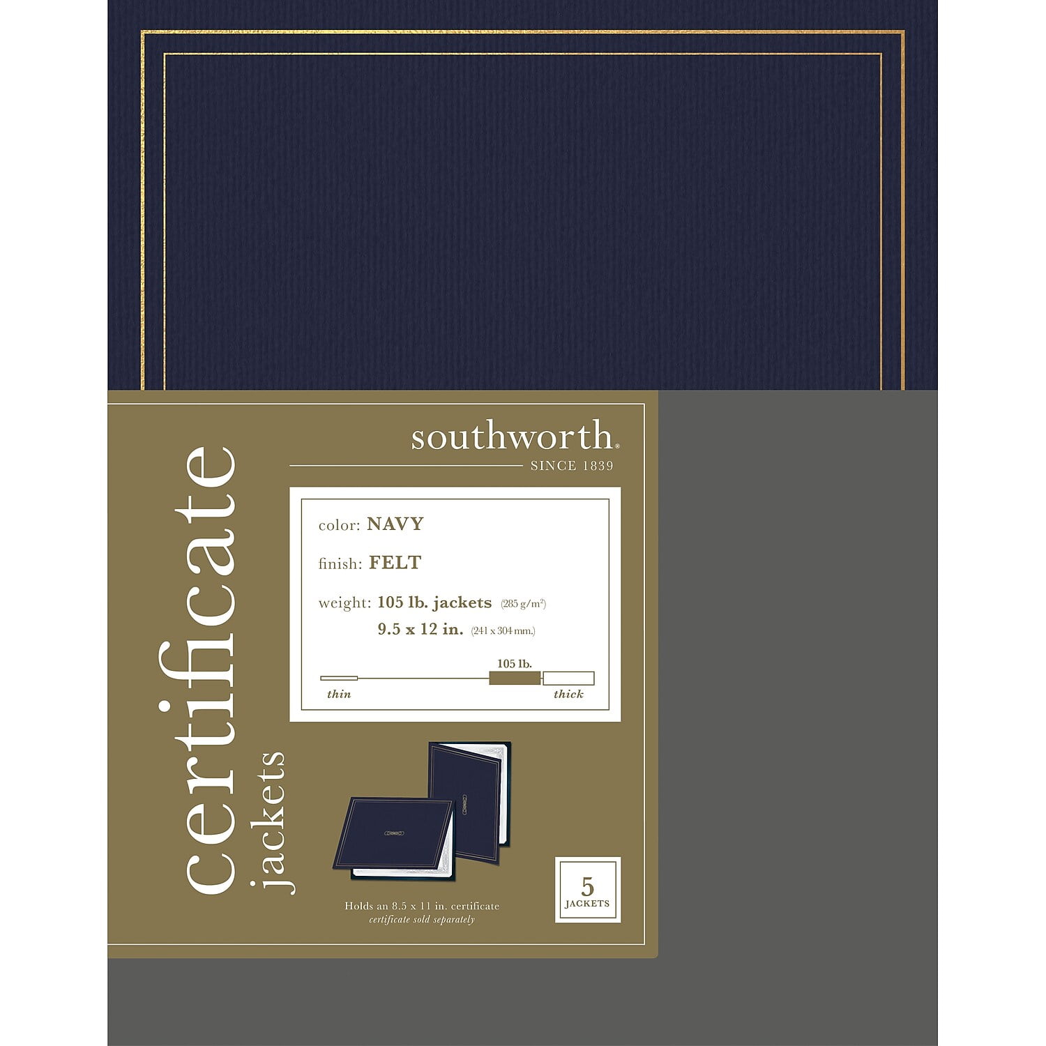 Southworth Certificate Jacket, Navy/Gold Border, Felt, 88lb Stock, 12 x ...