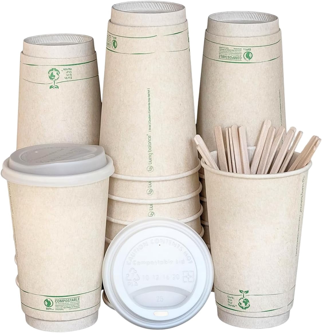 Certified Compostable Coffee Cups with Lids 12 oz – 100 Pack Cups with ...