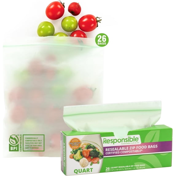 Certified Compostable QUART Resealable Zip Bag, Extra Strength Food ...