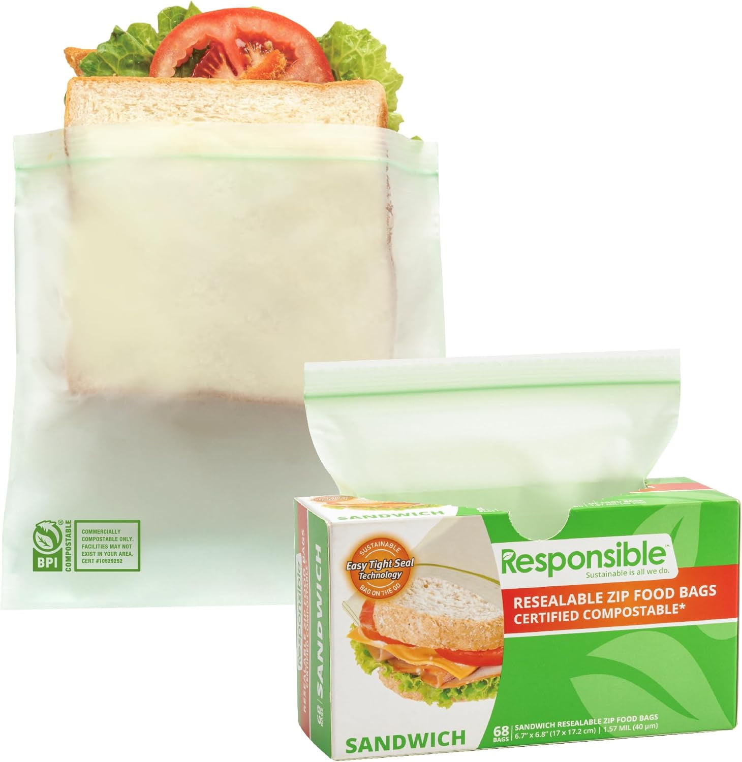Certified Compostable SANDWICH Resealable Zip Bag, Extra Strength Food ...