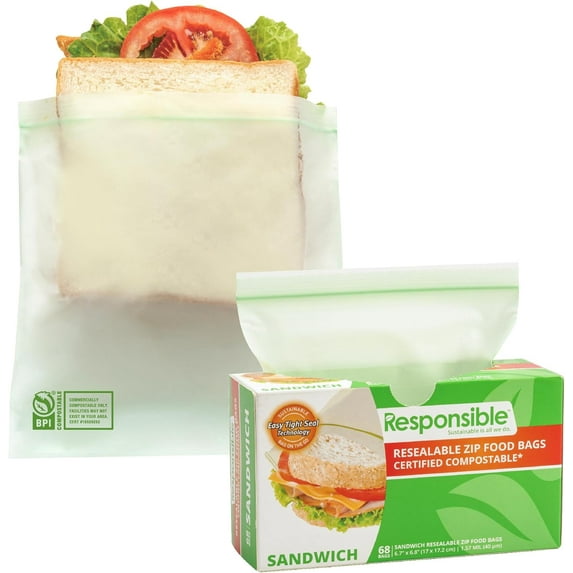 Certified Compostable SANDWICH Resealable Zip Bag, Extra Strength Food ...