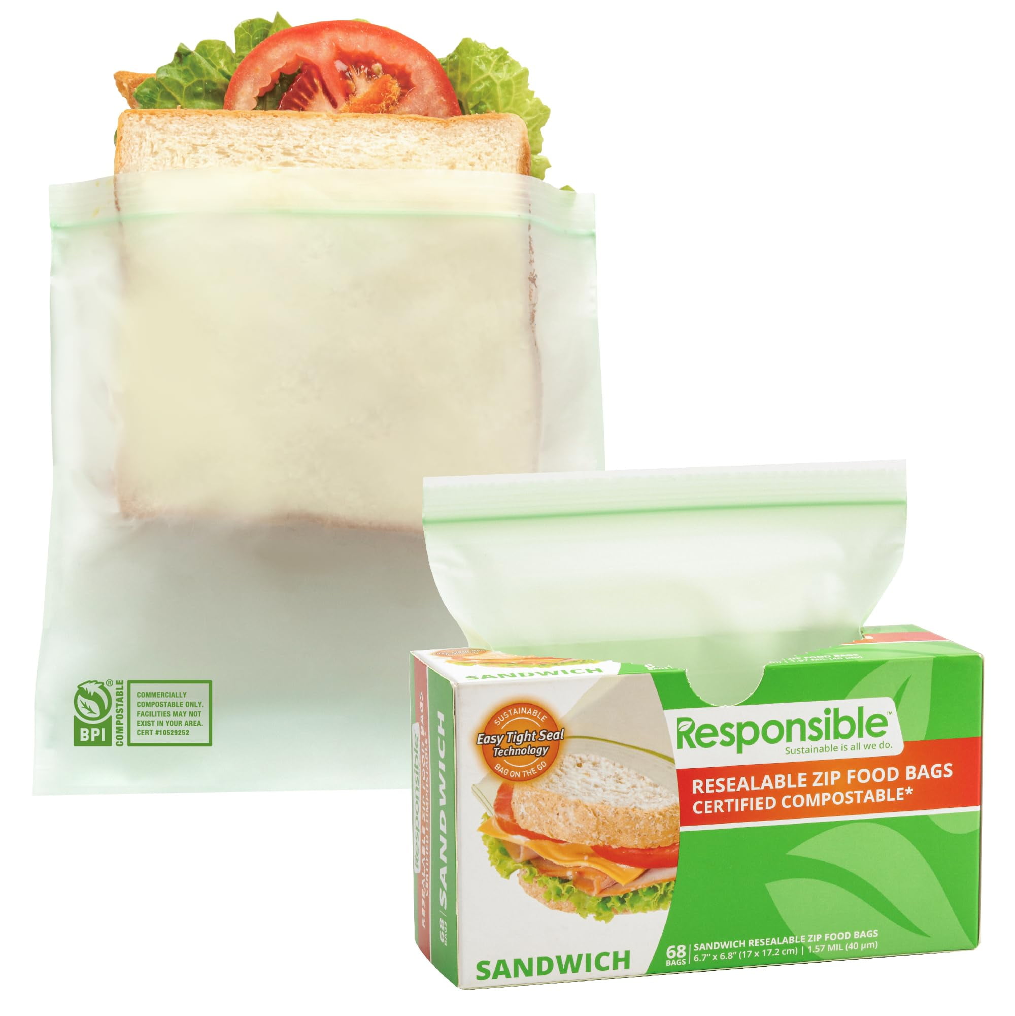 Certified Compostable SANDWICH Resealable Zip Bag, Extra Strength Food ...