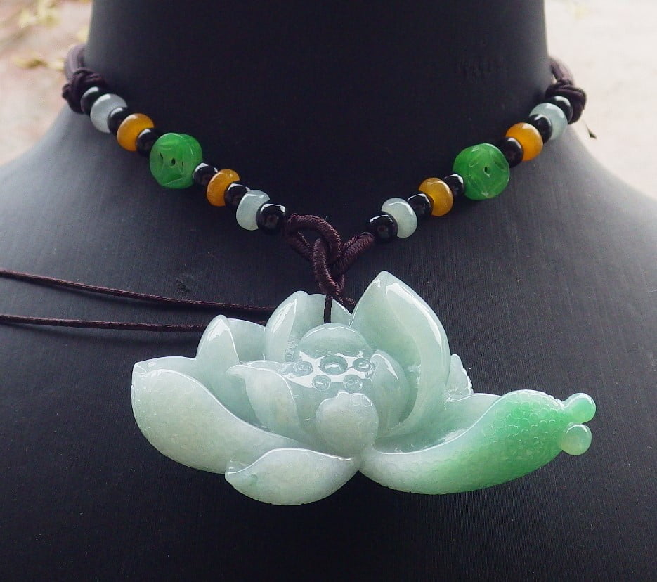 Certified Green Burma Natural A Jade jadeite pendant Lotus Flower ...