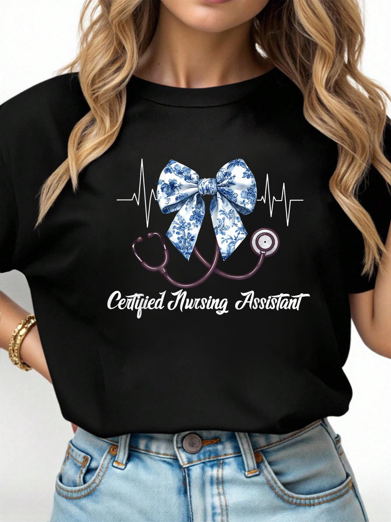 Certified Nursing Assistant CNA Blue Toile Bow Stethoscope T-Shirt ...