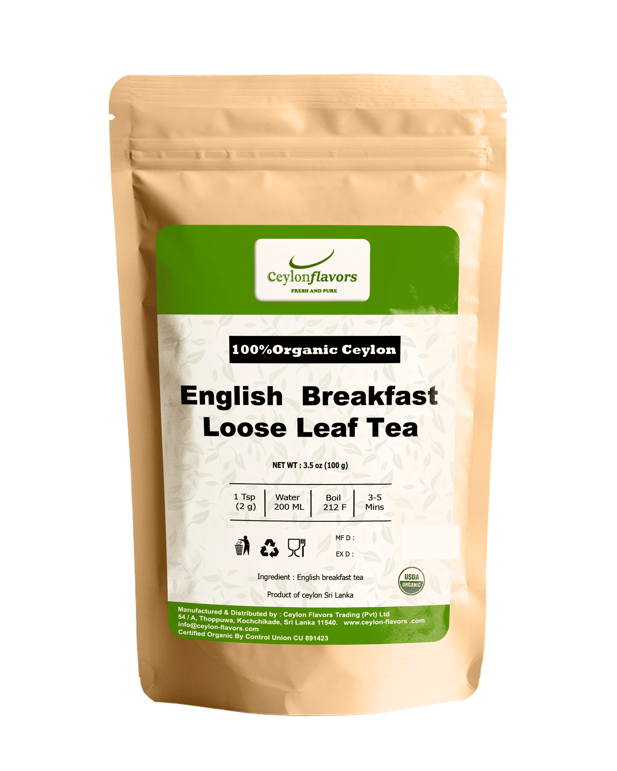 Ceylon Flavors Organic English Breakfast Tea, Loose Leaf, Black, 100g ...