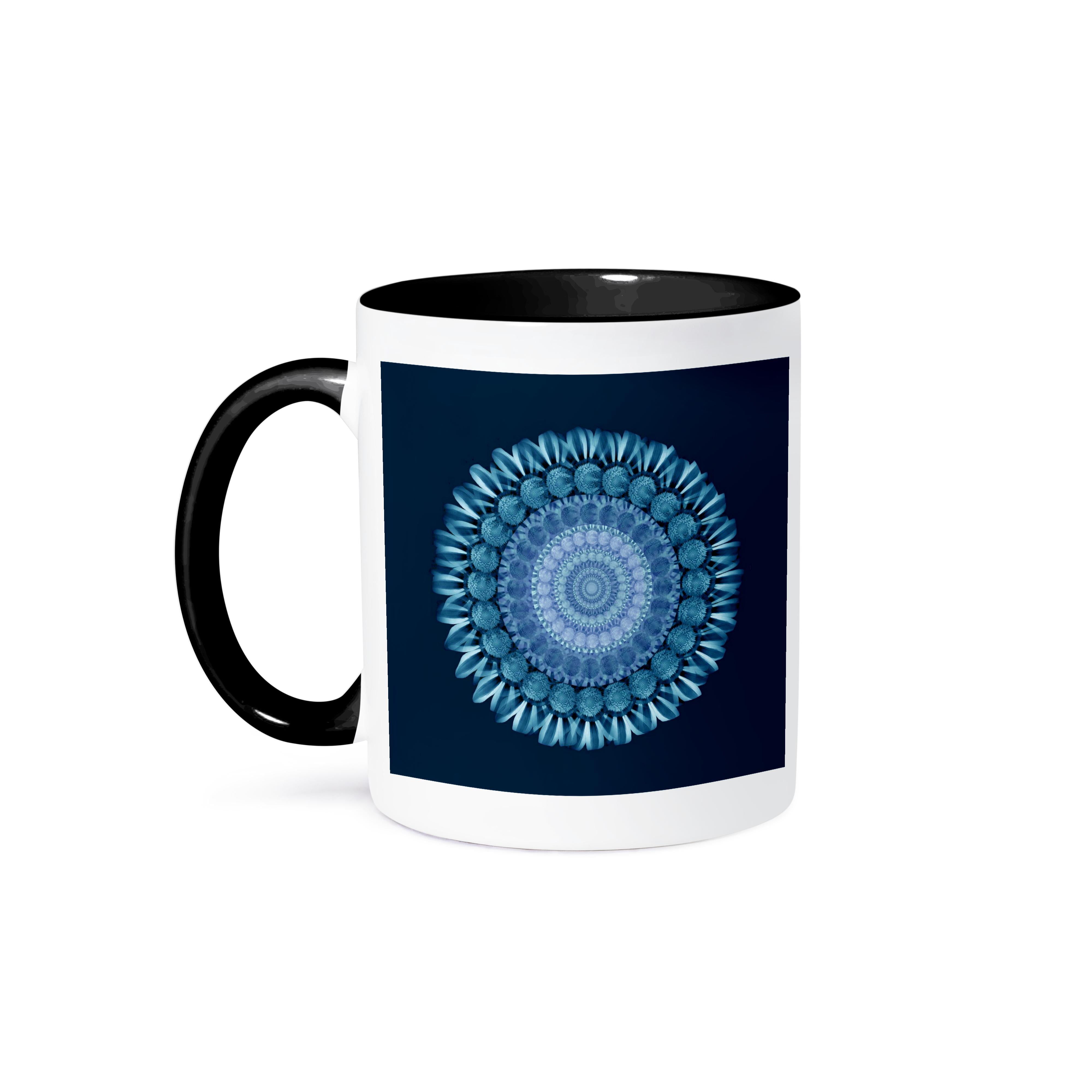 Cerulean Blue Floral Mandala On Navy Blue Background, 11oz Two-Tone ...
