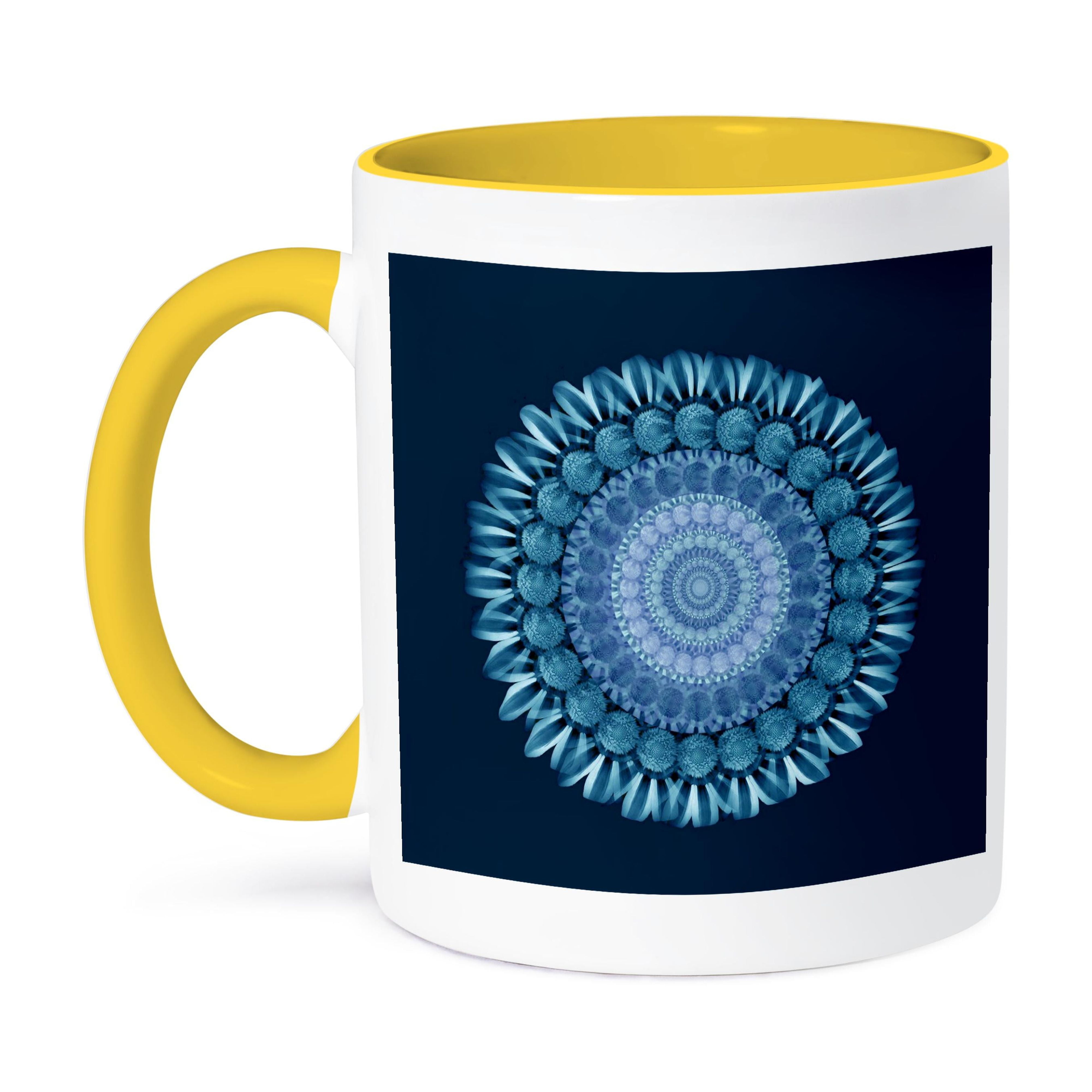 Cerulean Blue Floral Mandala On Navy Blue Background, 11oz Two-Tone ...