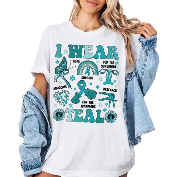 Cervical Cancer Awareness Shirt, I Wear Teal Tee Whita Ribbon Graphic ...