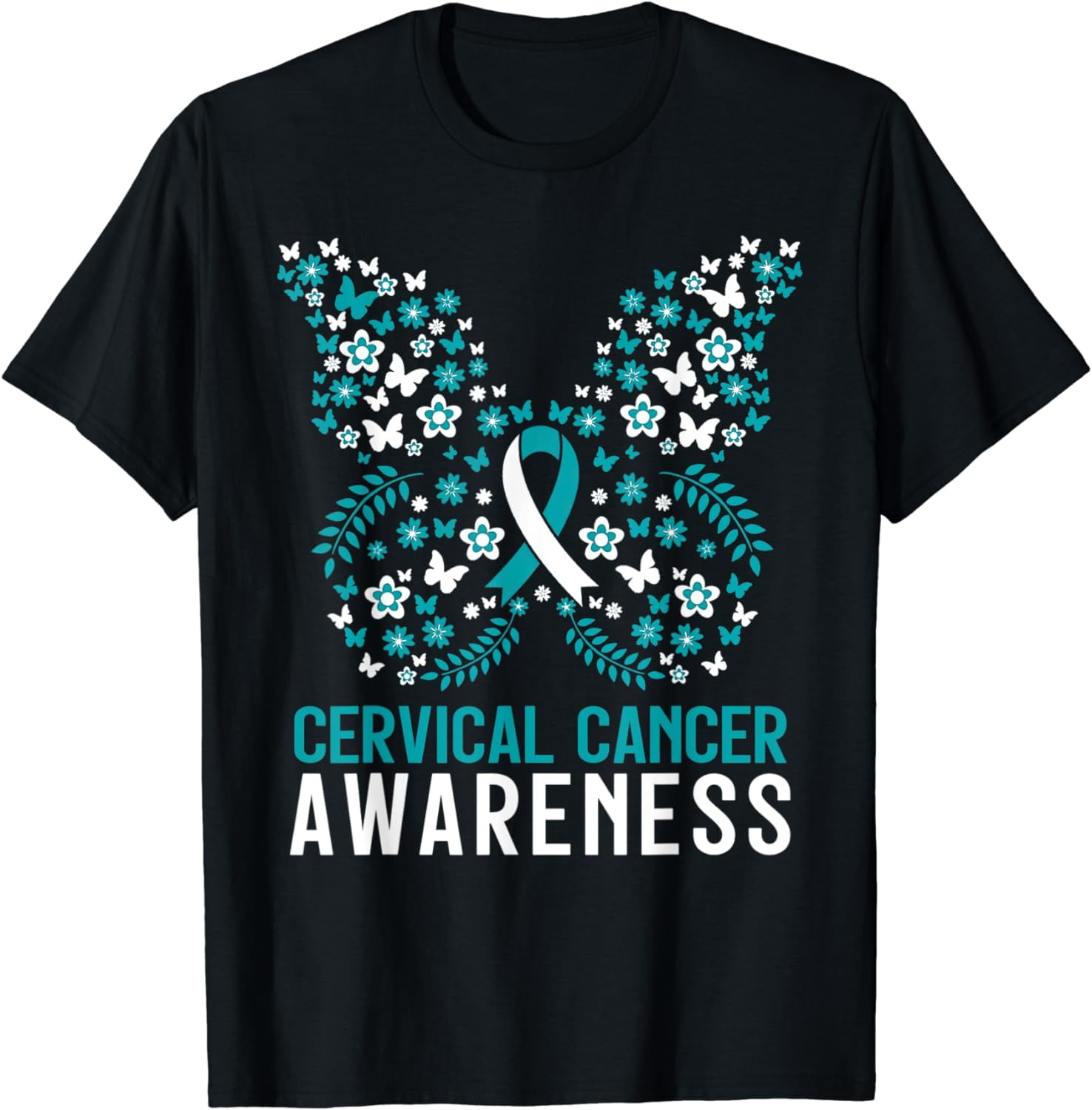 Cervical Cancer Awareness Teal Butterfly Ribbon T-Shirt - Walmart.com