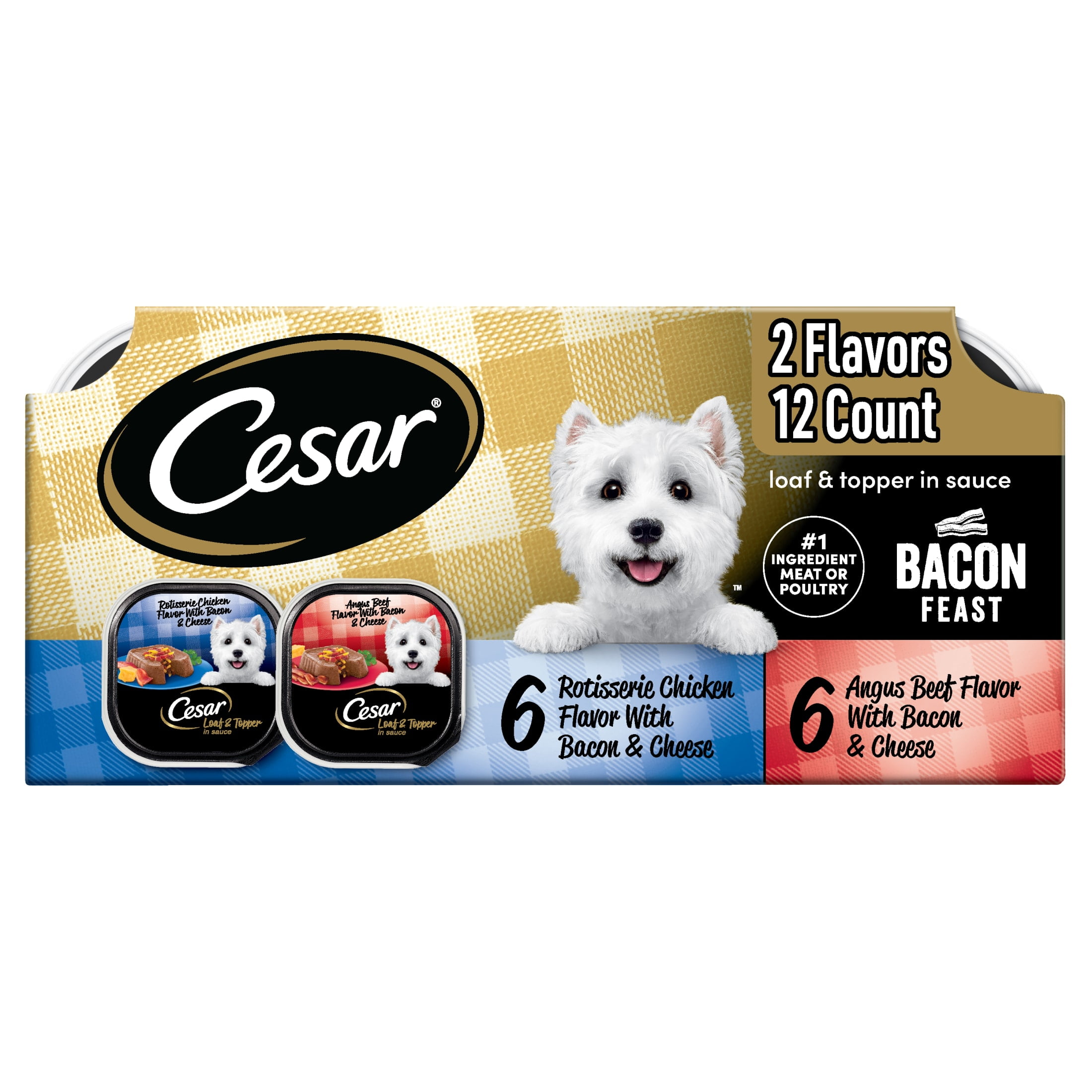 Cesar Gourmet Wet Dog Food, Bacon Feast Variety Pack, Loaf & Topper in ...