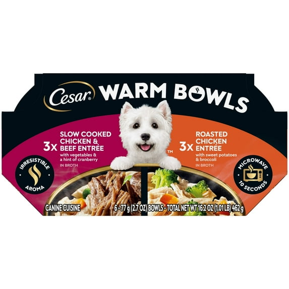 Cesar Warm Bowls Wet Dog Food Variety Pack, Chicken & Beef Entrées, 6 x ...