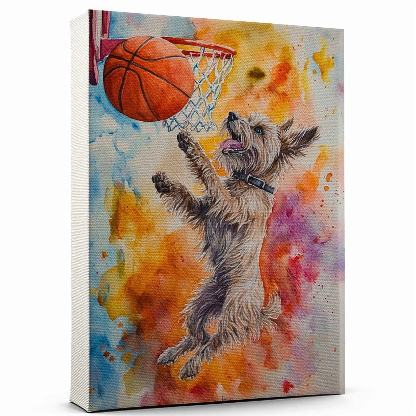 Cesky Terrier Dog Playing Basketball Wall Stretched Canvas Size 8x12 ...