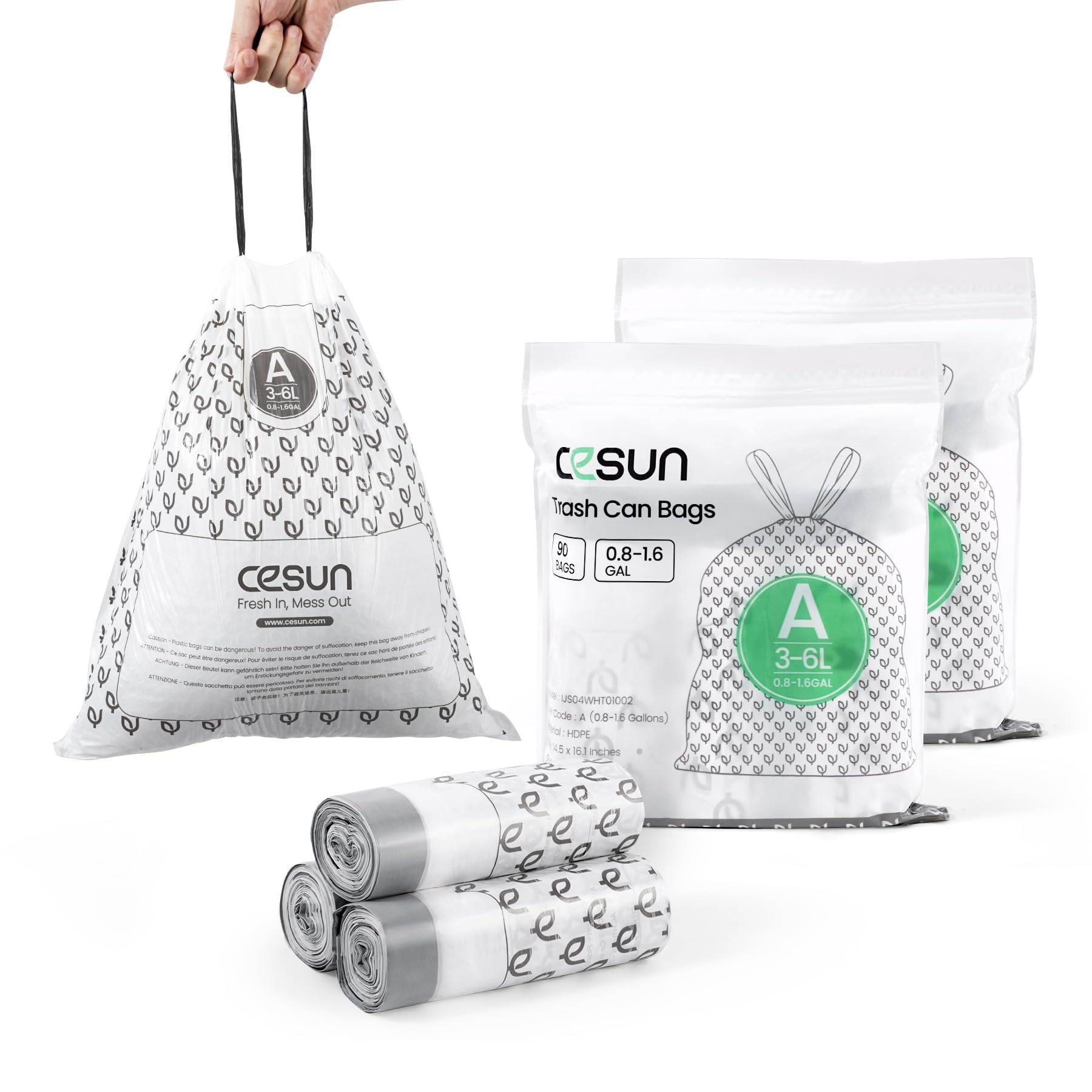 Cesun Code A Drawstring Trash Bags 90 Count, Pre Cut 1.6 Gallon / 6 ...