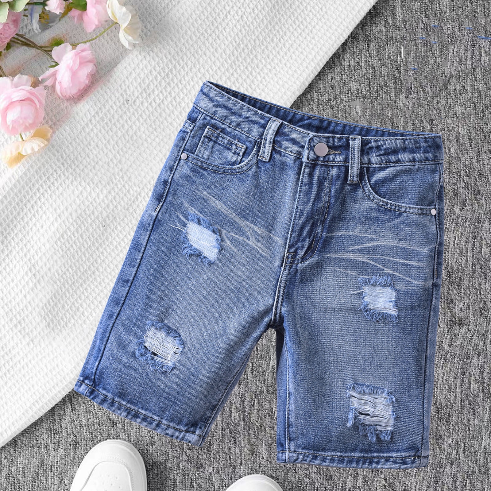 Cethrio Boys Denim Shorts, Elastic Waist Knee Length Casual Summer ...