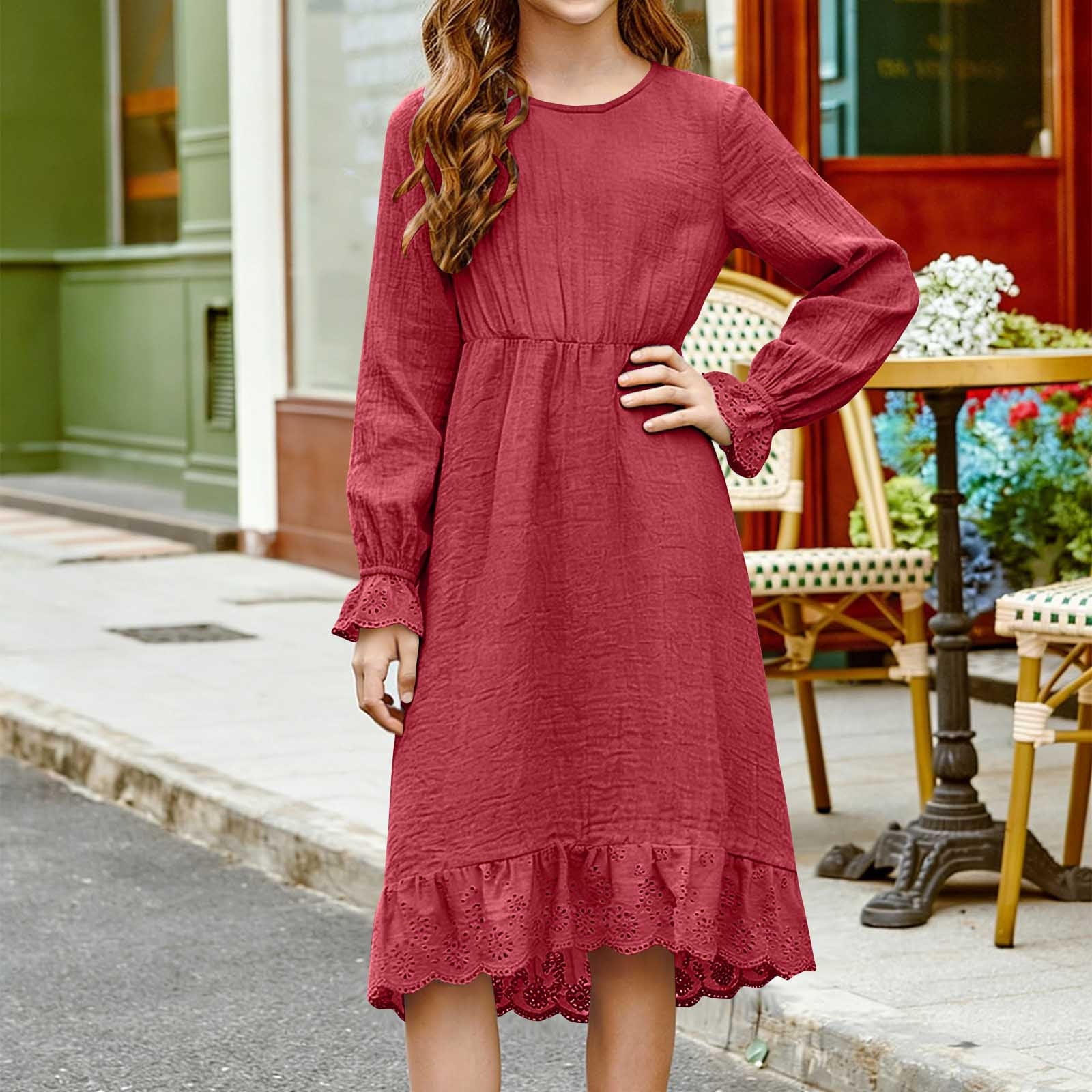 Cethrio Cotton Linen Dresses for Girl, Mid-length Casual Long Sleeve ...