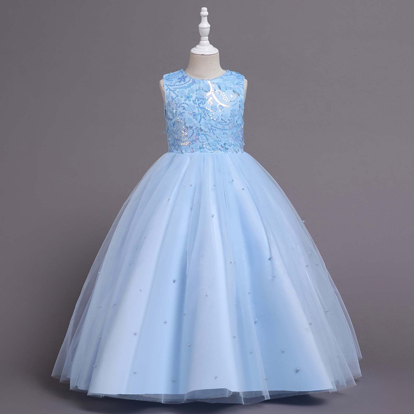 Cethrio Flower Girls Dress Nets Bow Light Blue Princess Dress Size 5-6 ...