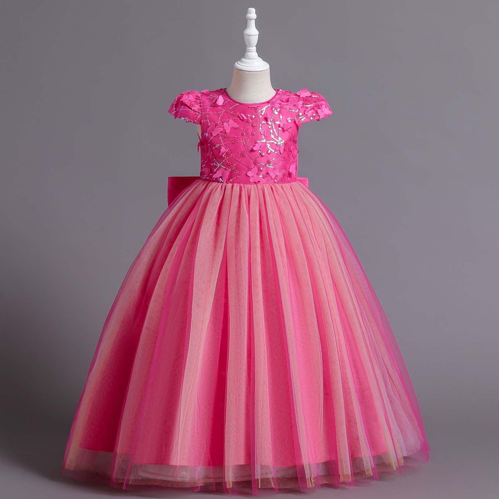 Wavsuf Flower Girls Dress Nets Sequins Hot Pink Princess Dress Size 7-8 ...