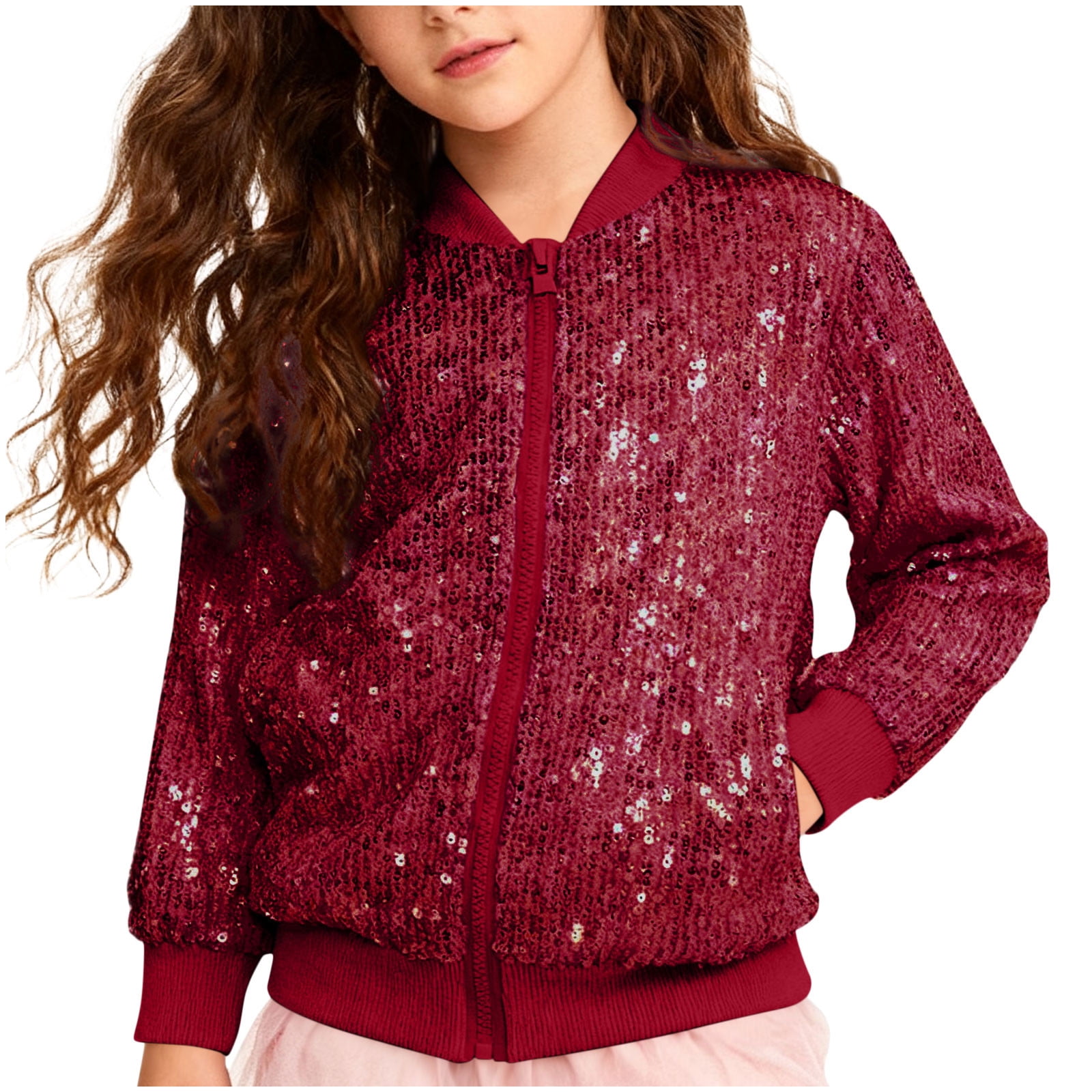 Cethrio Girls Bomber Jackets, Sequin Zip up Long Sleeve Performance ...