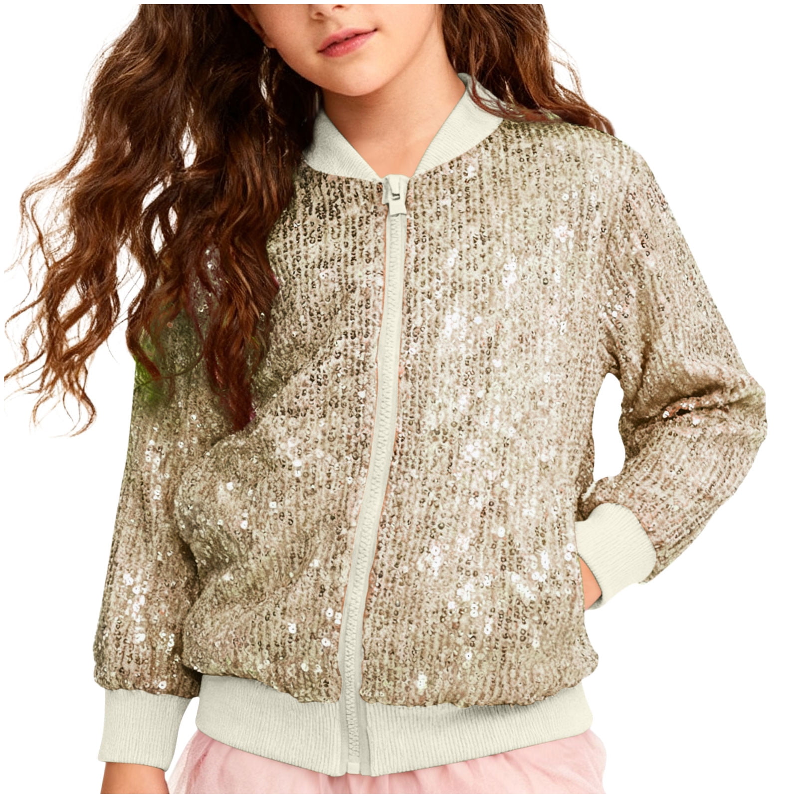 Cethrio Girls Bomber Jackets, Sequin Zip up Performance Long Sleeve ...