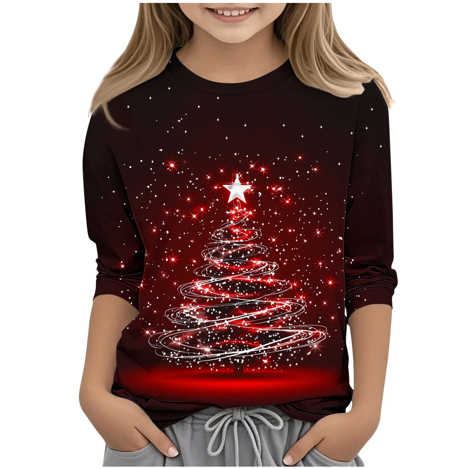 Cethrio Girls Christmas Tops, Casual Printed Fashion Crew Neck 3/4 ...
