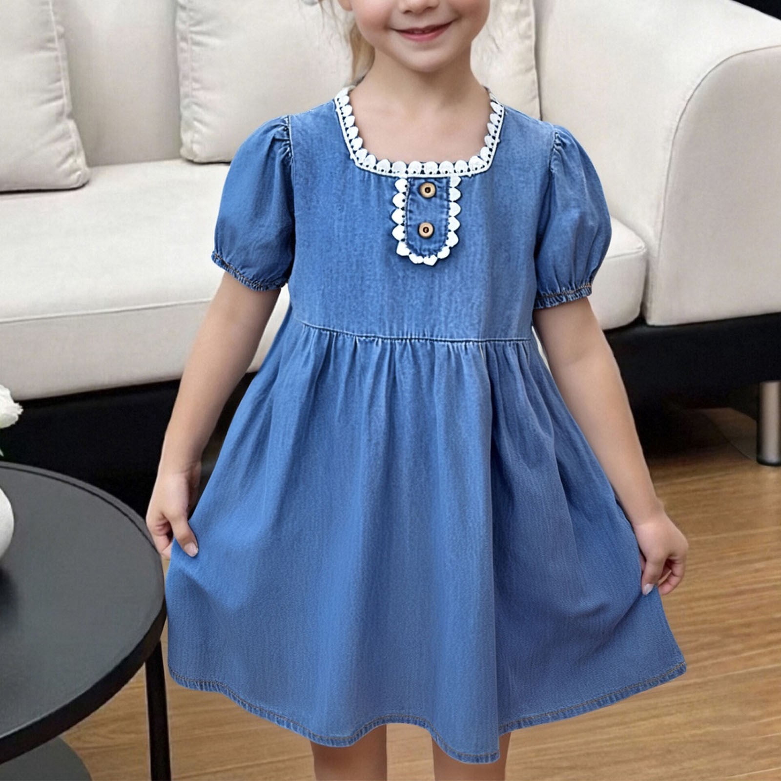 Cethrio Girls Denim Dresses, A-Line Puff Sleeve Casual Summer Dresses ...