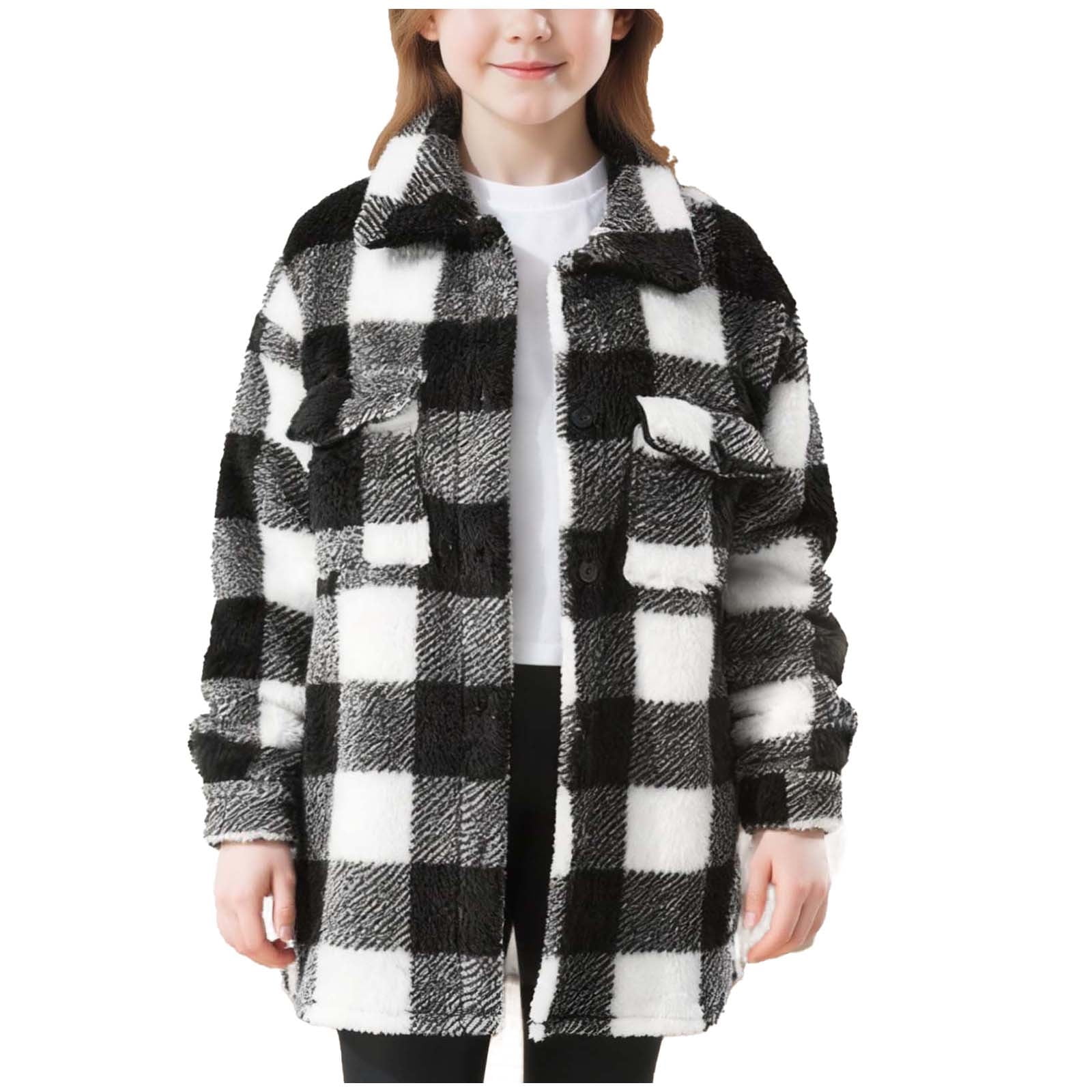 Cethrio Girls Fleece Jackets, Lapel Collar Warm Plaid Mid-length Winter ...