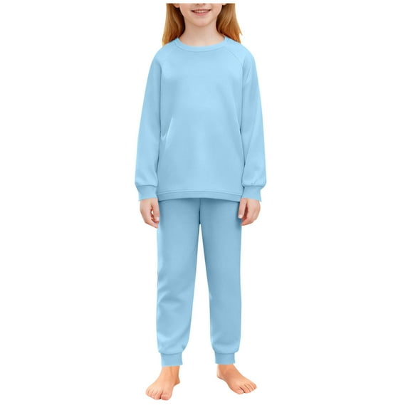 Cethrio Girls Long Sleeve Pajama Sets, 2 PC Crew Neck Pullover Girls' Sleepwear Loungewear Light ...