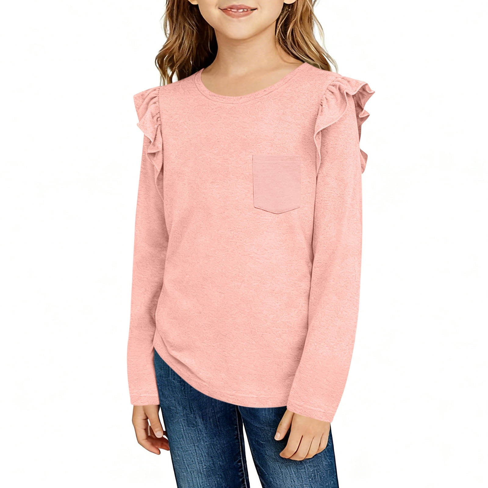 Cethrio Girls Long Sleeve Tops, Cotton Pullover Flutter Sleeve Casual T ...
