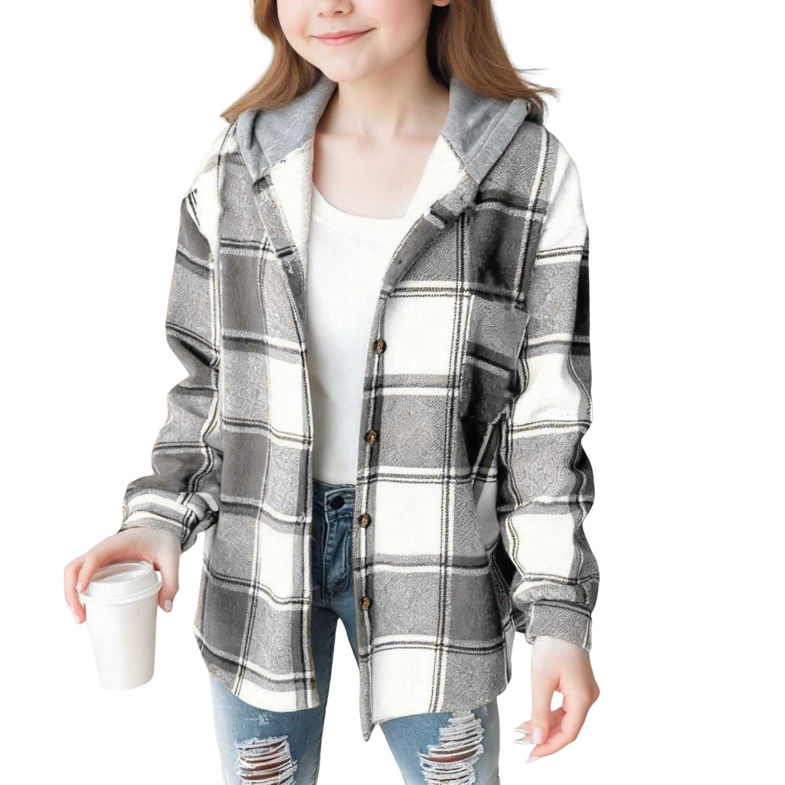 Cethrio Girls Shirt Jackets, Loose Fit Hooded Casual Long Sleeve Plaid ...