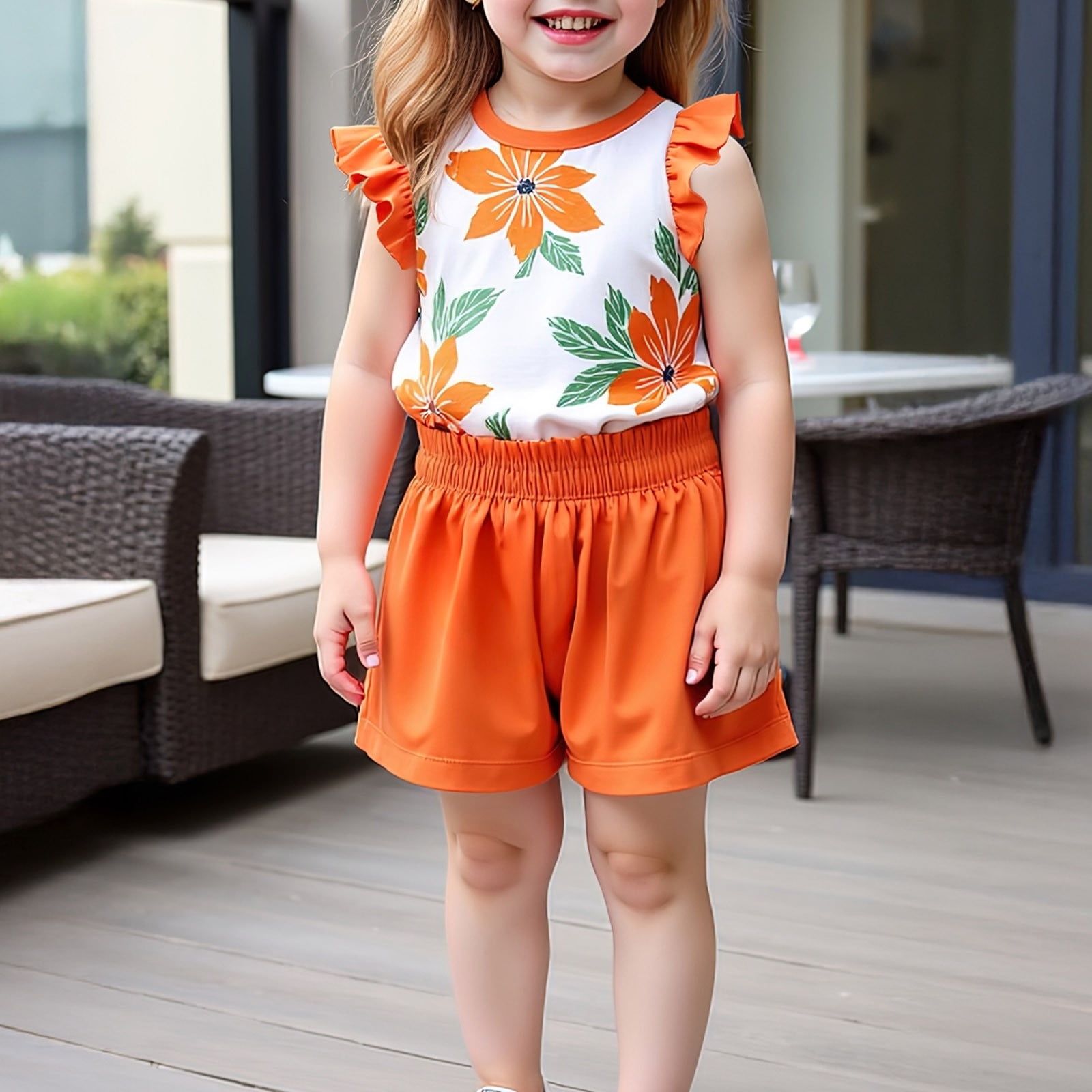 Cethrio Girls' Summer Short Sets, Printed Cotton 2 Piece Flutter Sleeve ...