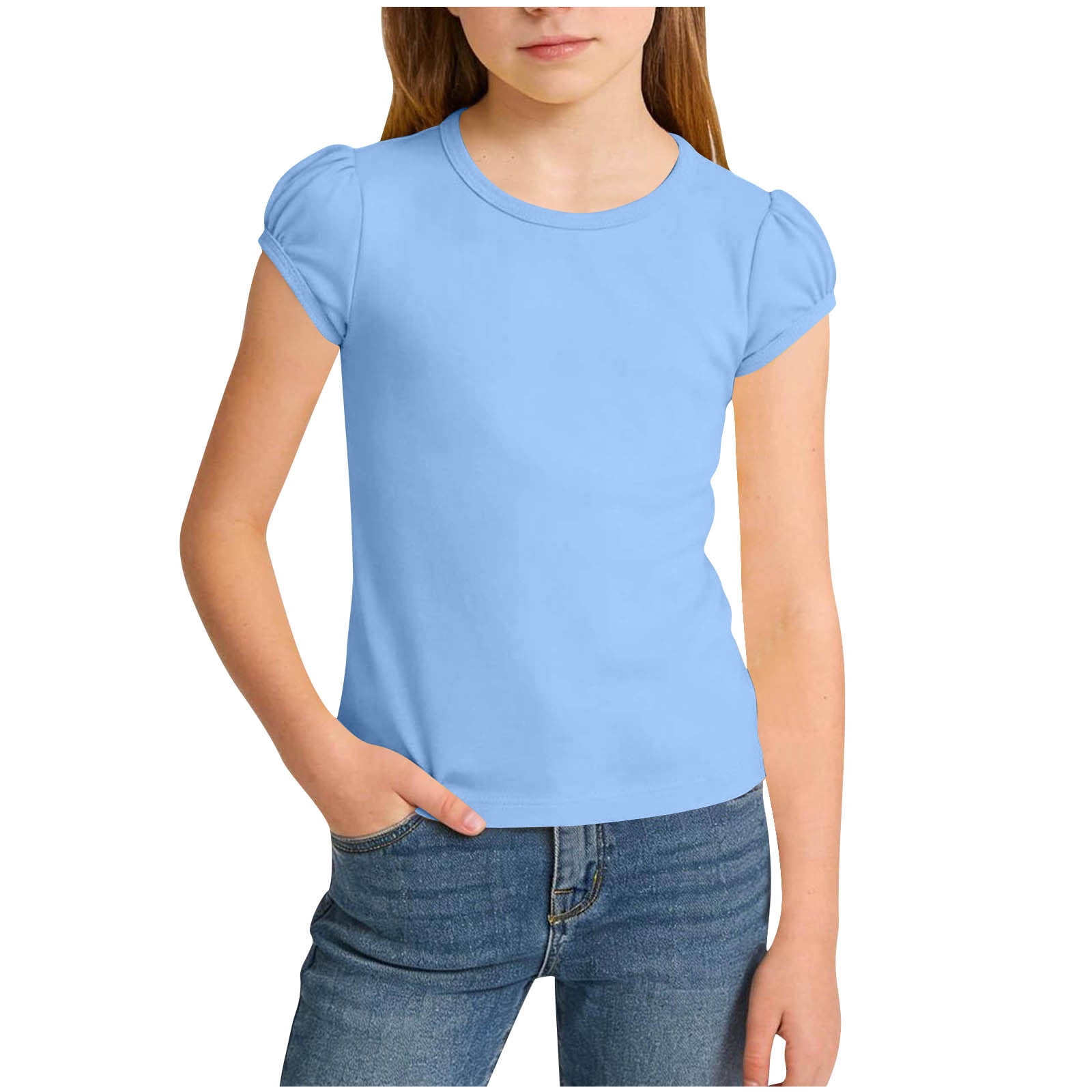 Cethrio Girls T Shirts, Crew Neck Puff Sleeve Casual Soft Summer Tops ...