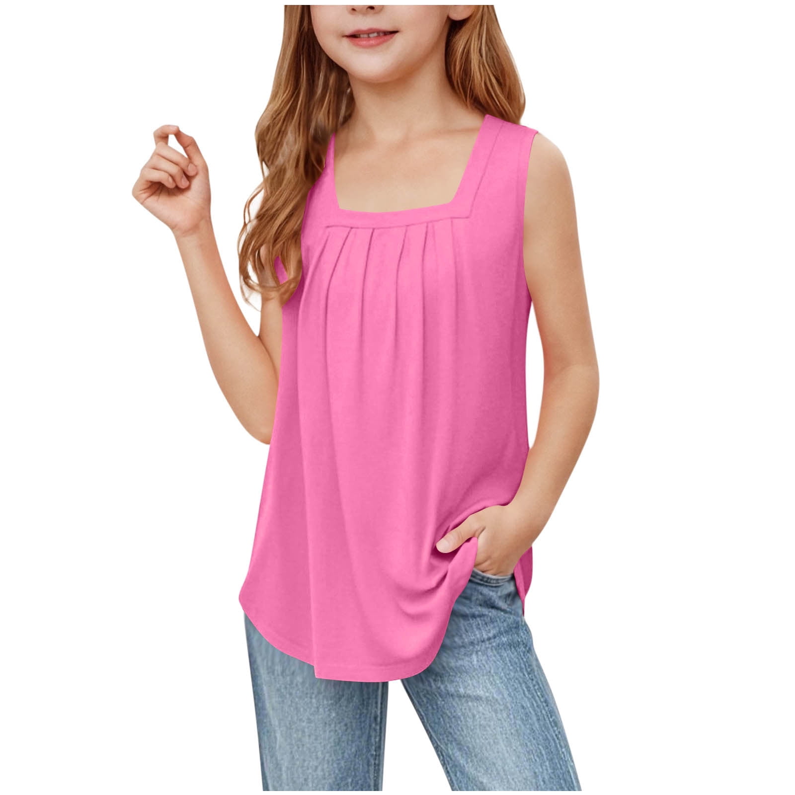 Cethrio Girls Tank Tops with Pleated, Sleeveless Casual Loose Square ...