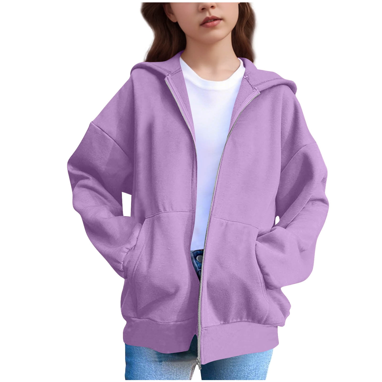 Cethrio Girls Zip up Hoodies, Casual Solid Color Long Sleeve Hooded ...