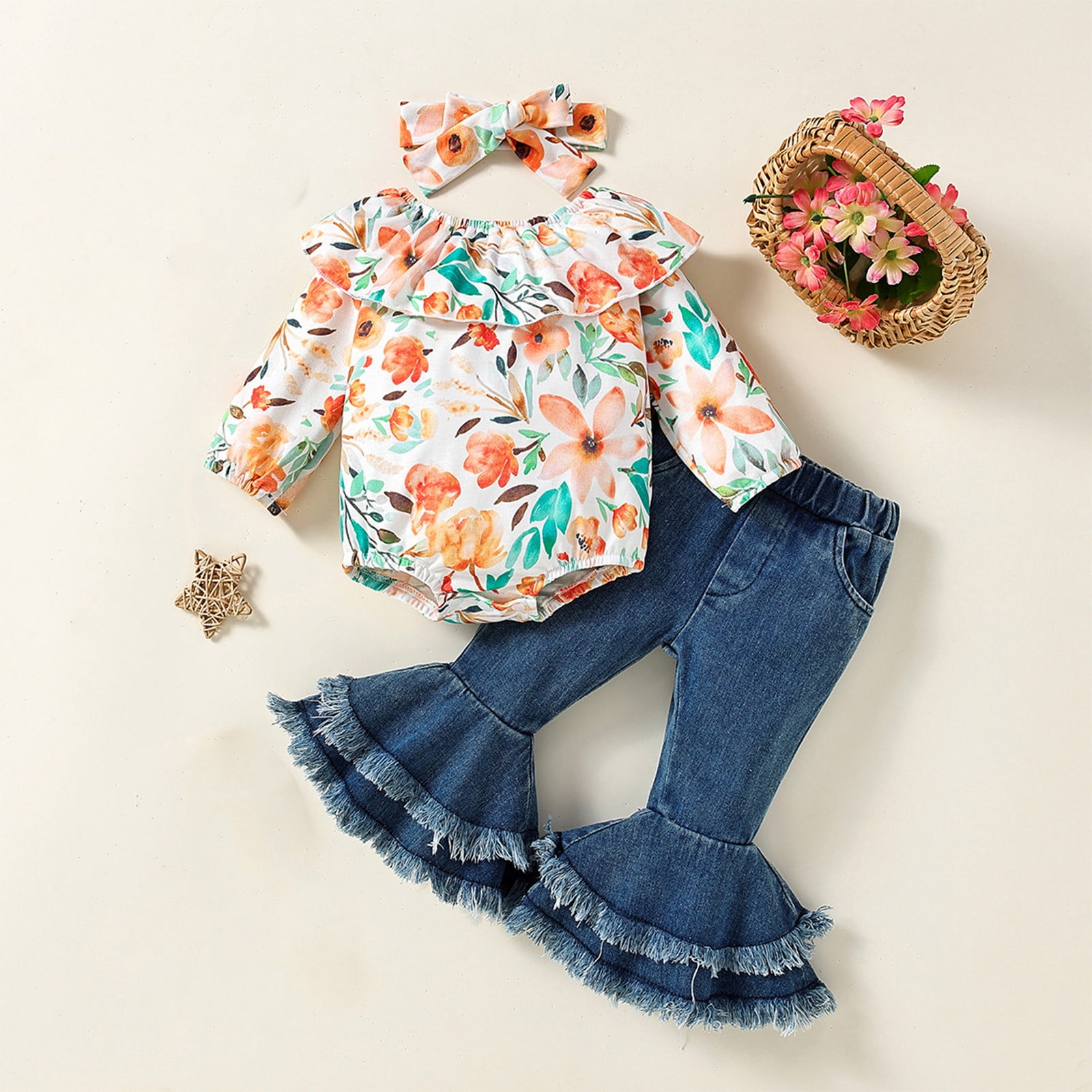 Cethrio Little Girl Outfits Denim Flare Pants Suit Printed One Line ...