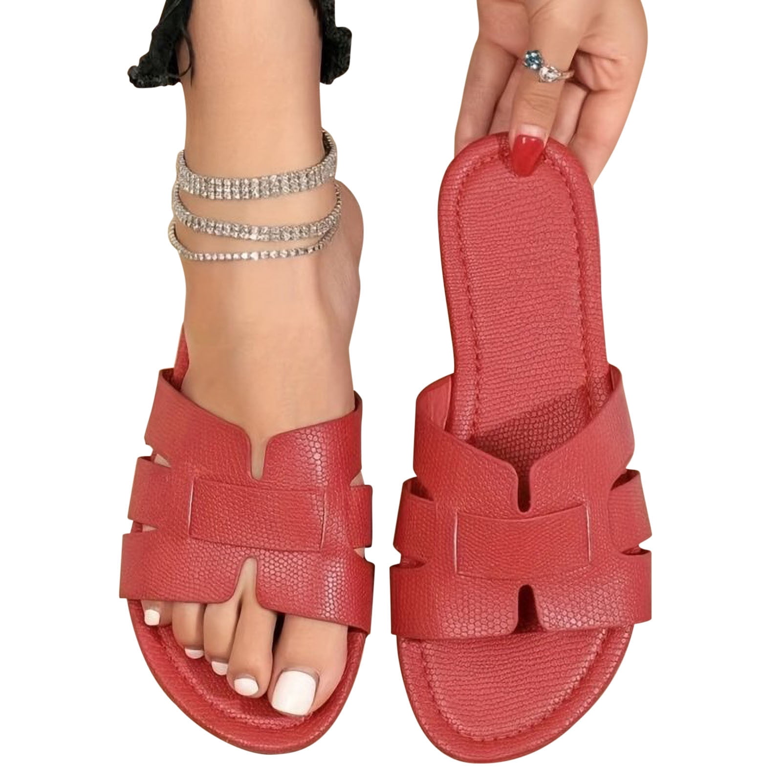 Cethrio Slides for Women Solid Anti-slip Outdoor Casual Summer Red ...