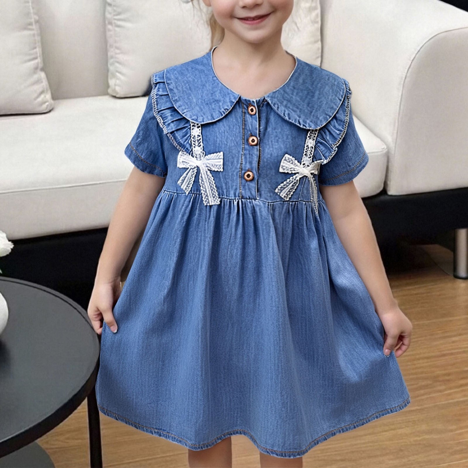Cethrio Kids Girls Denim Dresses, A-Line Buttons Short Sleeve Summer ...