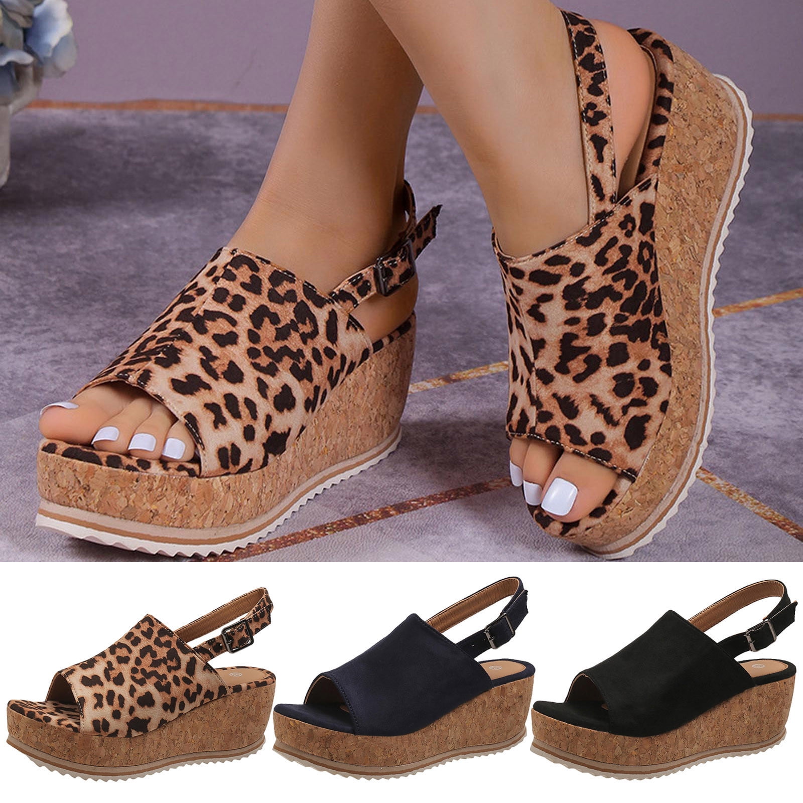 Cethrio Wedge Sandals for Women- Open Toe Heel Fish Mouth Wedge Heel ...