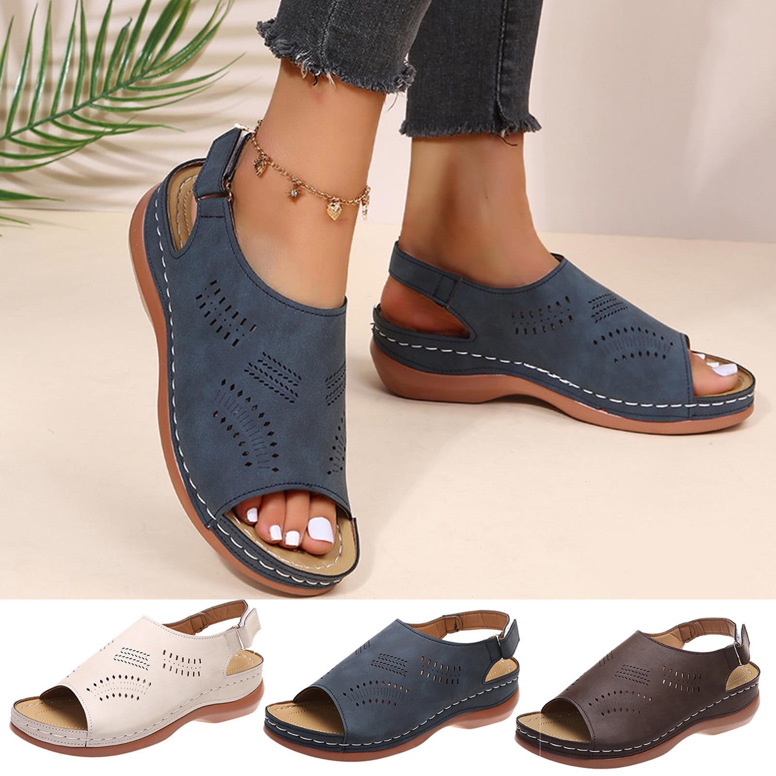 Cethrio Wedge Sandals for Women- Wide Width Roman Open Toe Fish Mouth ...