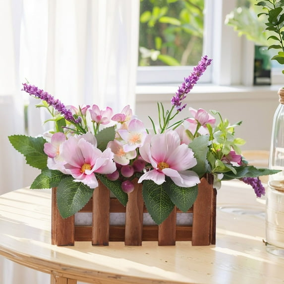 Cevemin 1 Pcs Multicolor Plastic Simulation Flower with Wooden Fence ...