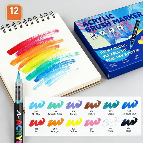 Cevemin 12-Color Straight Liquid Soft Tip Acrylic Marker Pen ...