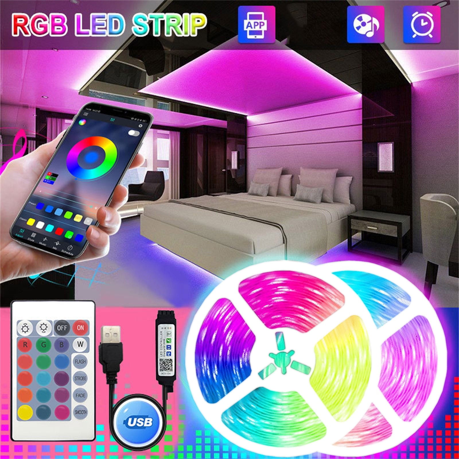 Cevemin 16.4ft RGB LED Strip Lights with Remote Control - 5V USB ...