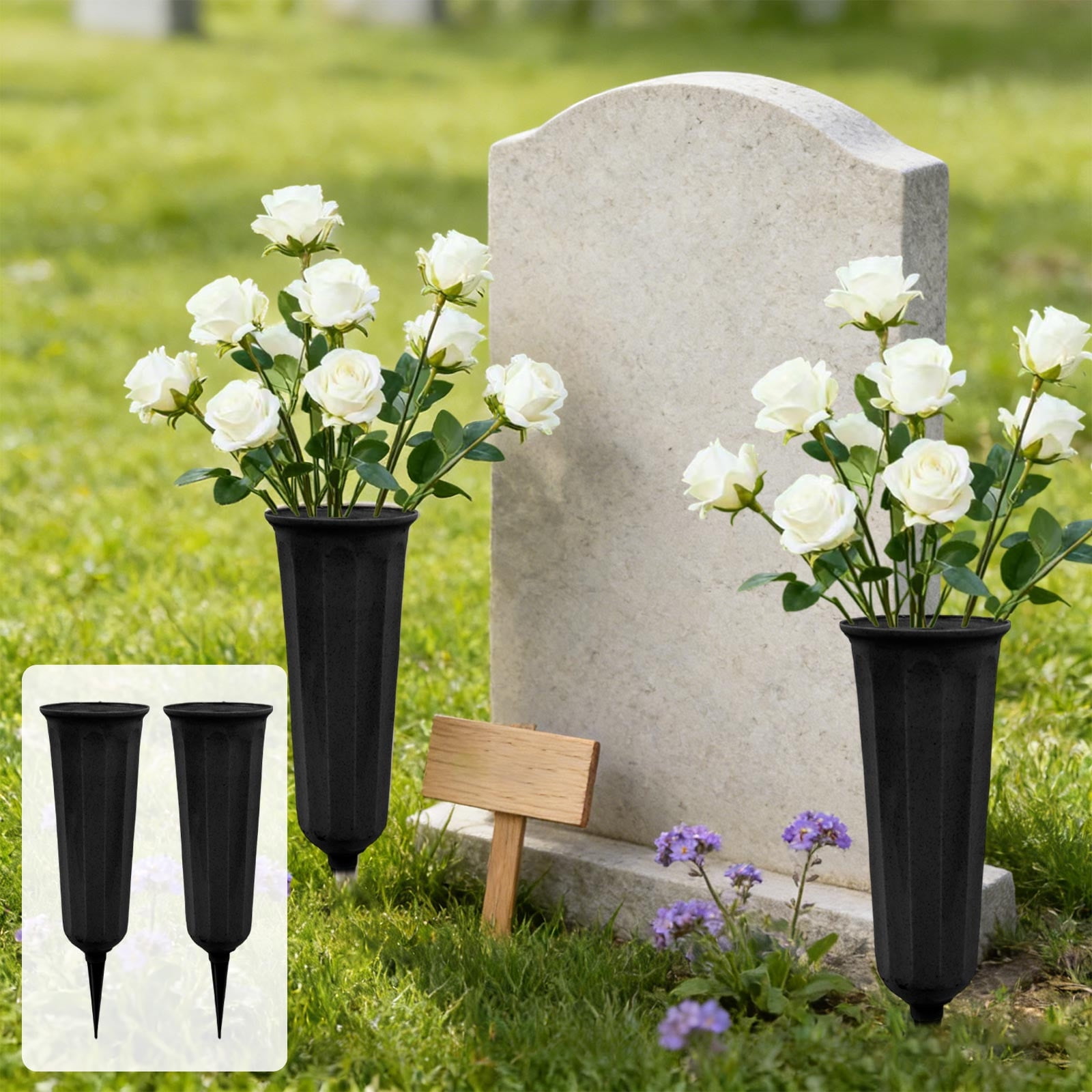 Cevemin 2-Pack Outdoor Ground Vases with Stakes - Memorial Flower Vases ...