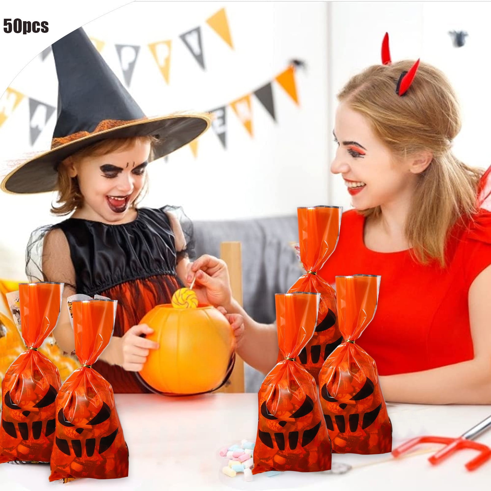 Cevemin 50Pcs Halloween Candy Bags - Premium OPP Plastic Treat Bags ...