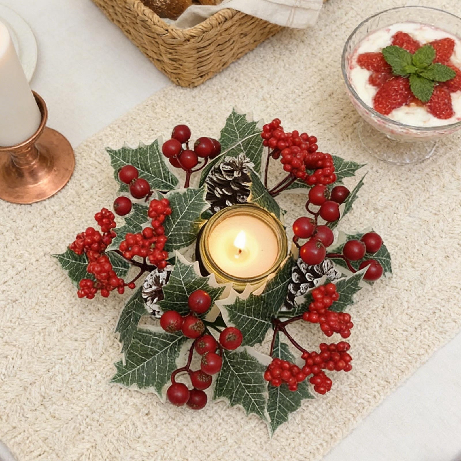 Cevemin Artificial Red Berry Candleholder Wreath - Round and Pointed ...