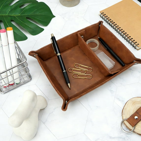 Cevemin Leather Four Corner Storage Tray - Brown Organizer with ...